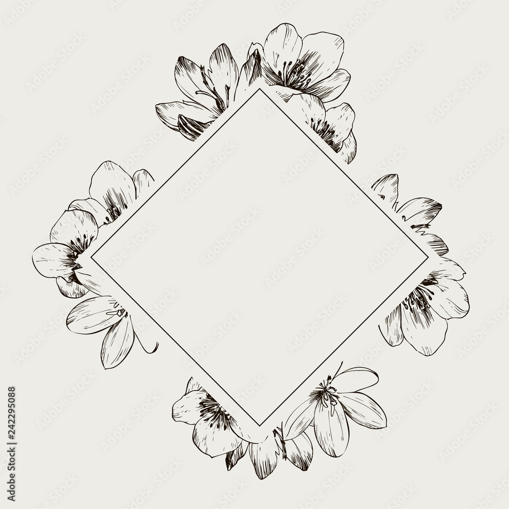 Frame with spring flowers. Ready postcard. Botanical illustration ...