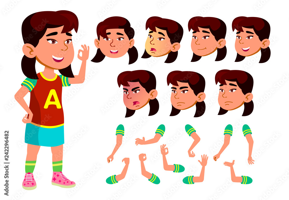 Asian Girl, Child, Kid, Teen Vector. Schoolchild. Face Emotions ...