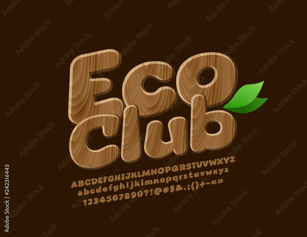 Vector wooden logo Eco Club with textured Font. Tree pattern Alphabet ...