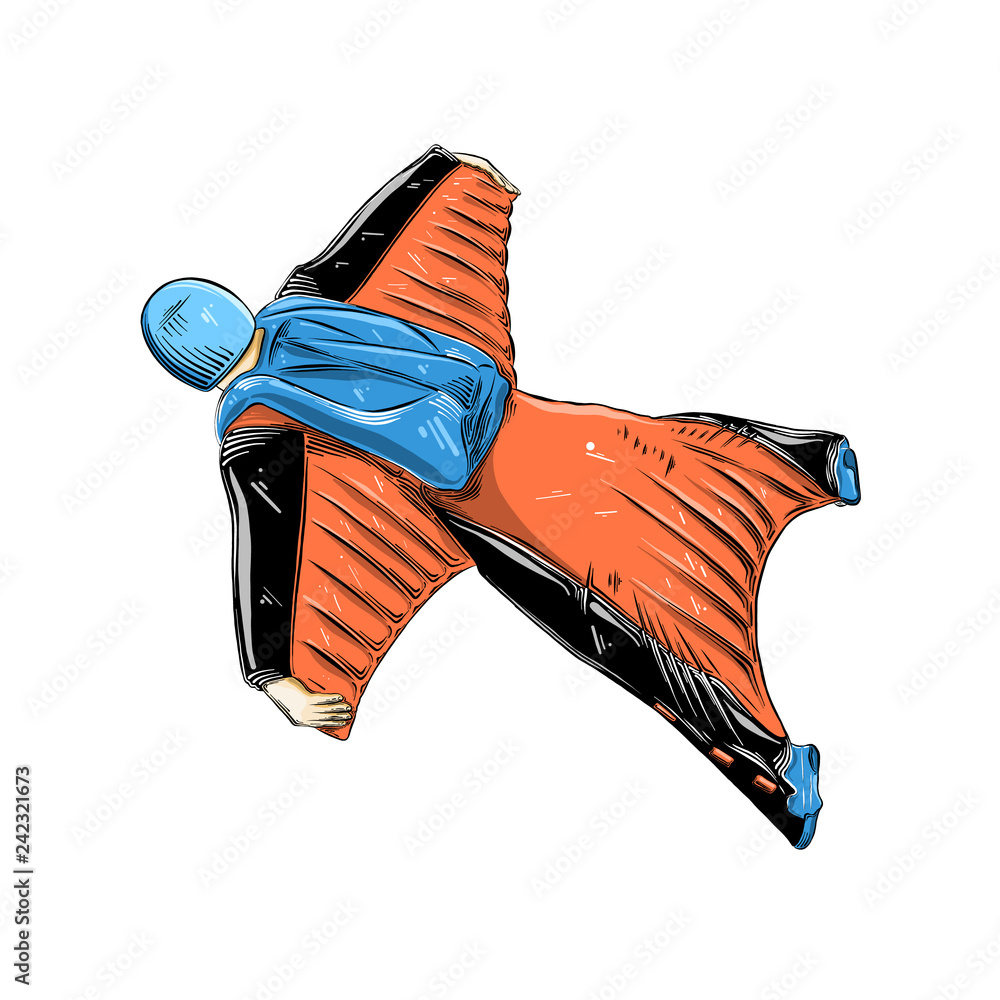 Hand drawn sketch of wingsuit in color, isolated on white background ...
