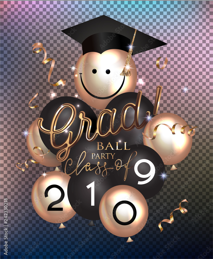 GRAD BALL PARTY with air balloons, gold serpentine and graduation cap ...