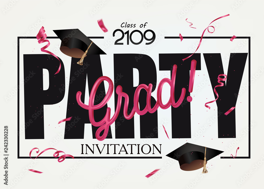 Grad party invitation card with graduation caps and red confetti ...