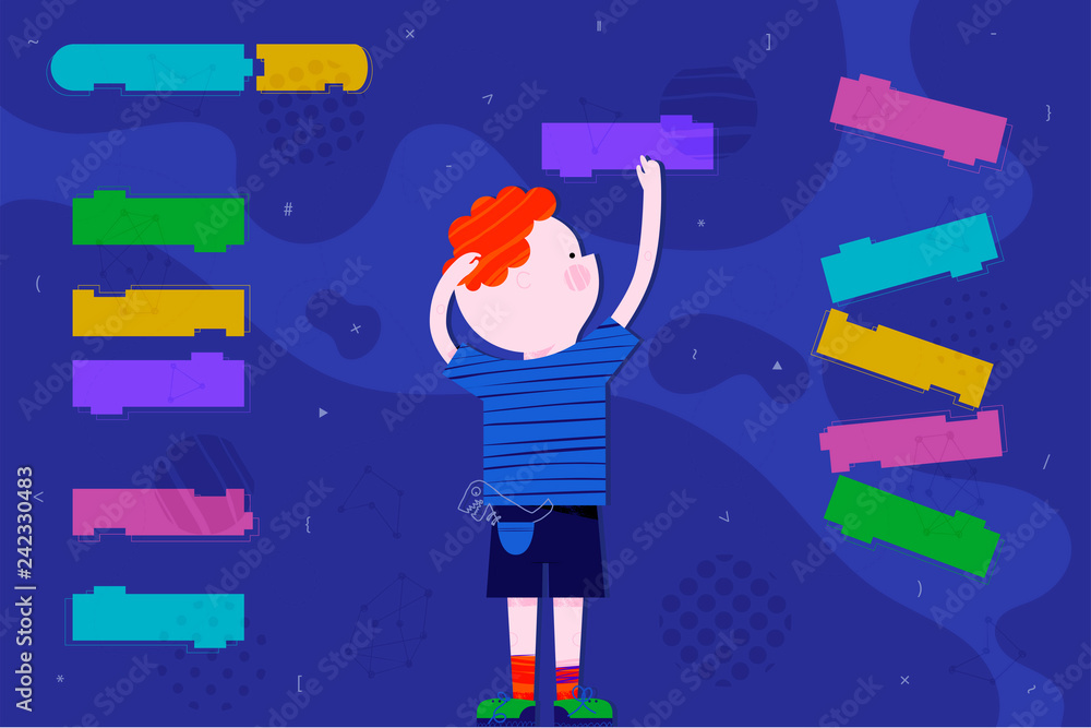 Cute smart boy is coding on abstract screen. Children coding and code ...