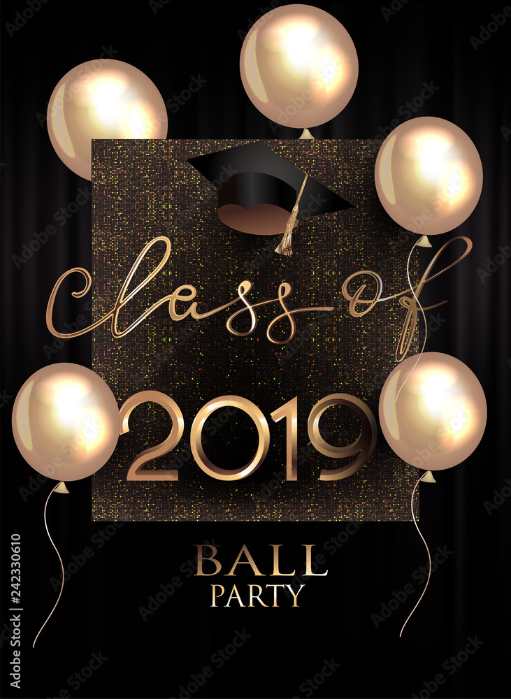 Graduation party invitation card with gold air balloons, sparkling ...