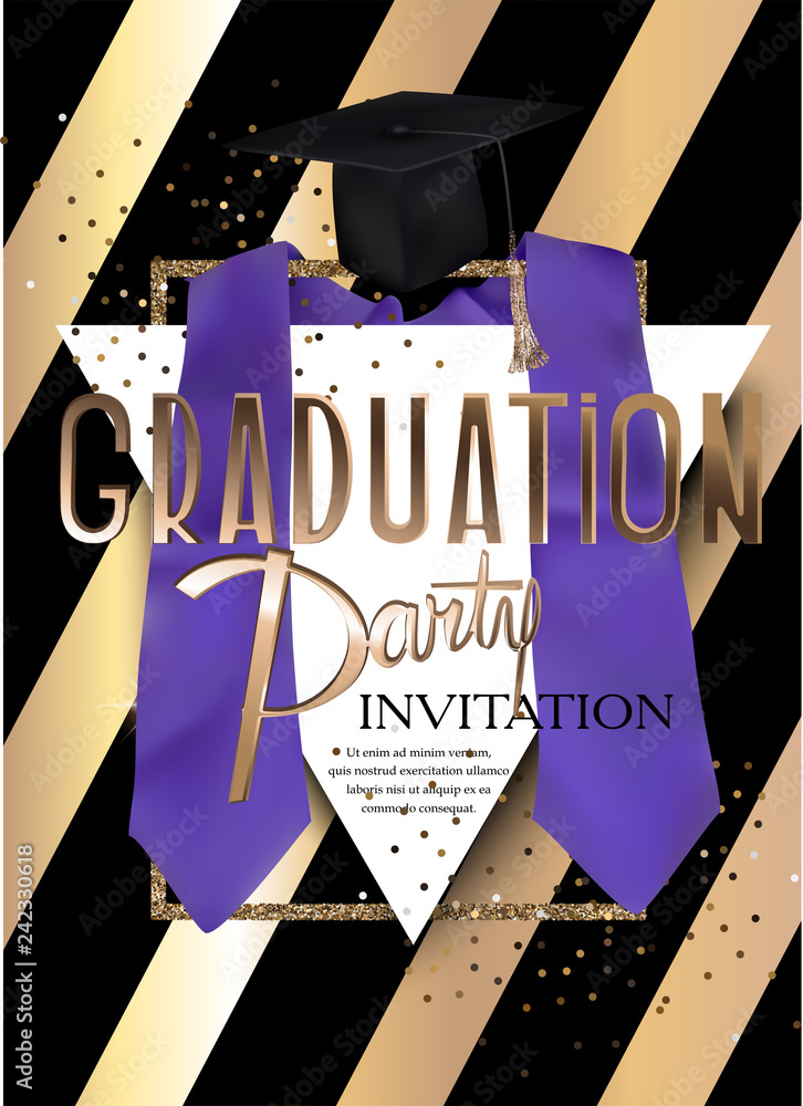 Graduation party invitation card with striped background and graduation ...