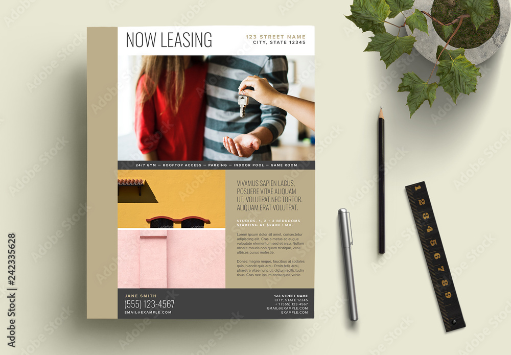 Bronze and Gray Now Leasing Flyer Layout Stock Template | Adobe Stock