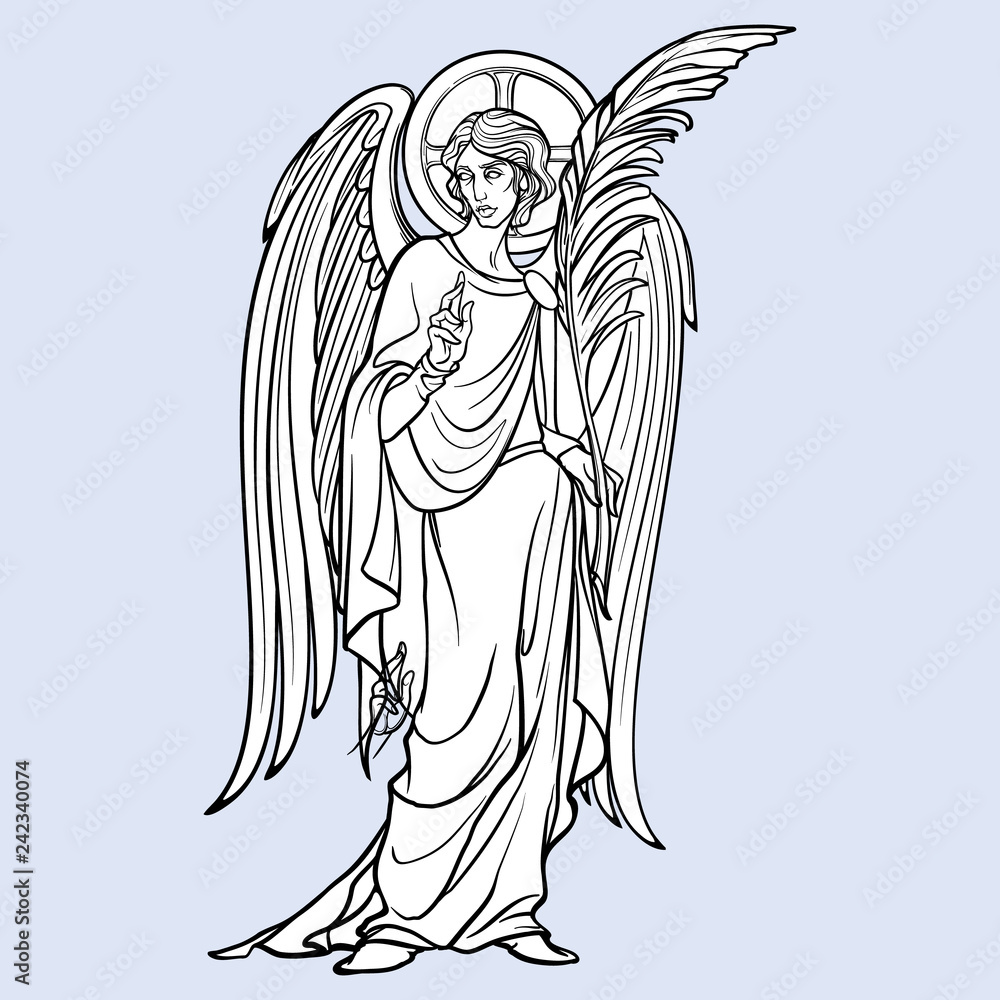 Angel figure with blessing gesture and palm branch. Medieval gothic ...