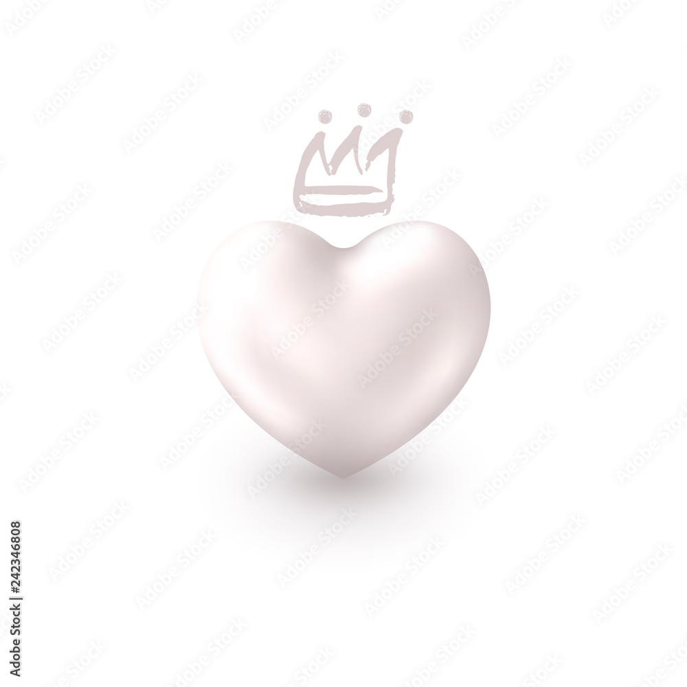 Love Realistic Silver Heart with cute Crown isolated on white ...