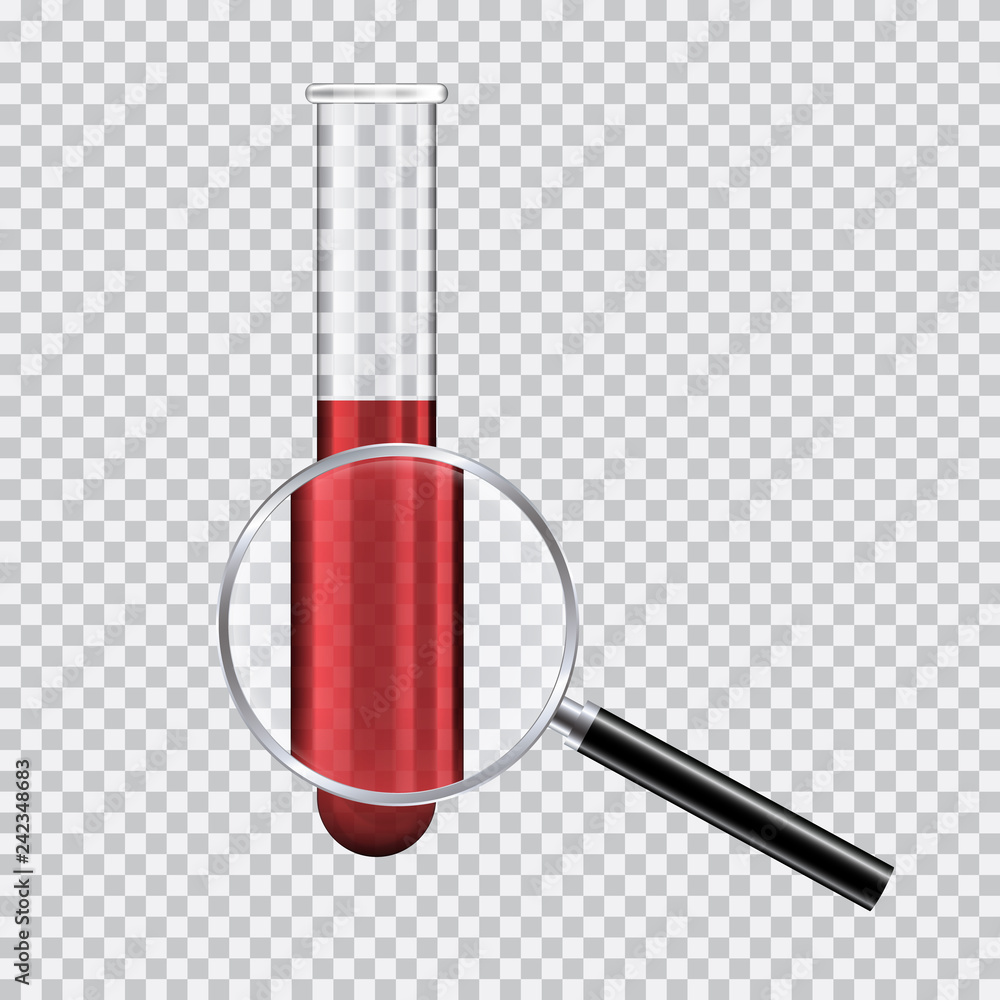 Realistic illustration of a test tube with red blood and magnifying ...