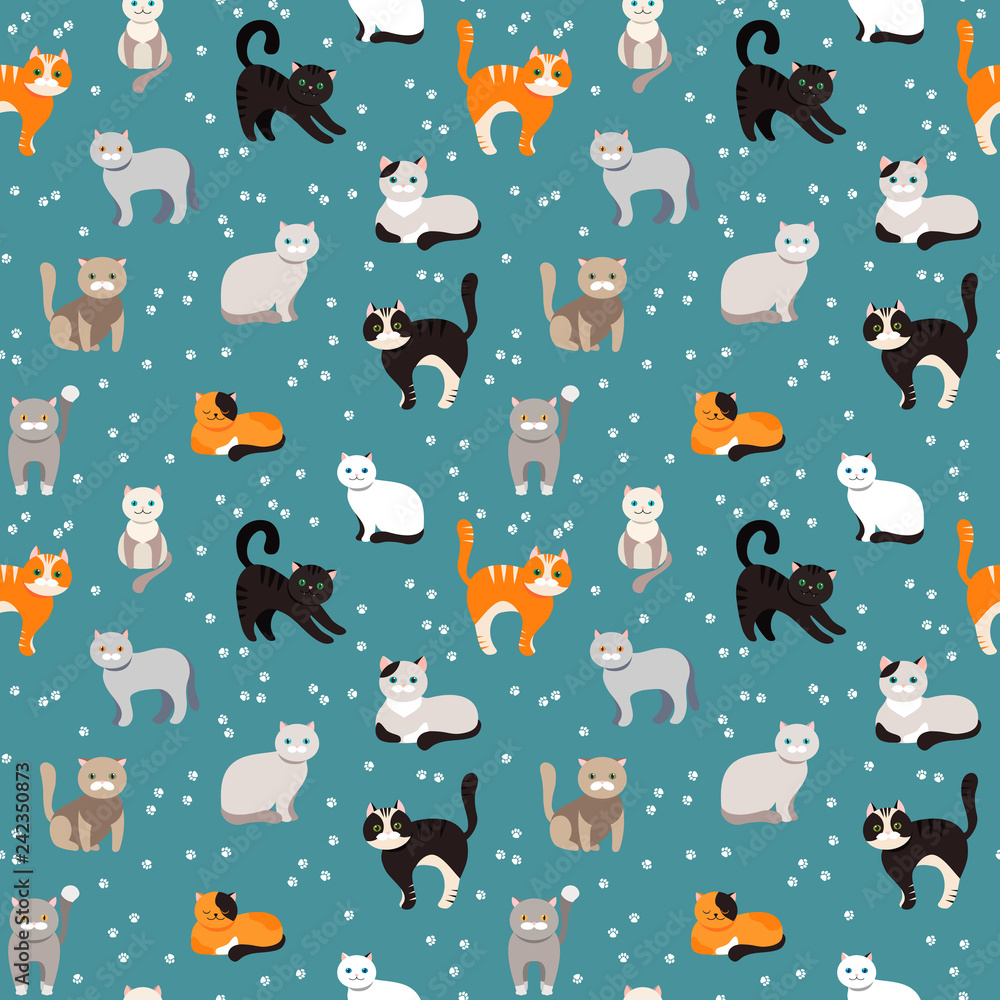 Cat background, seamless pattern. Vector flat illustration. Kitty, Pets ...