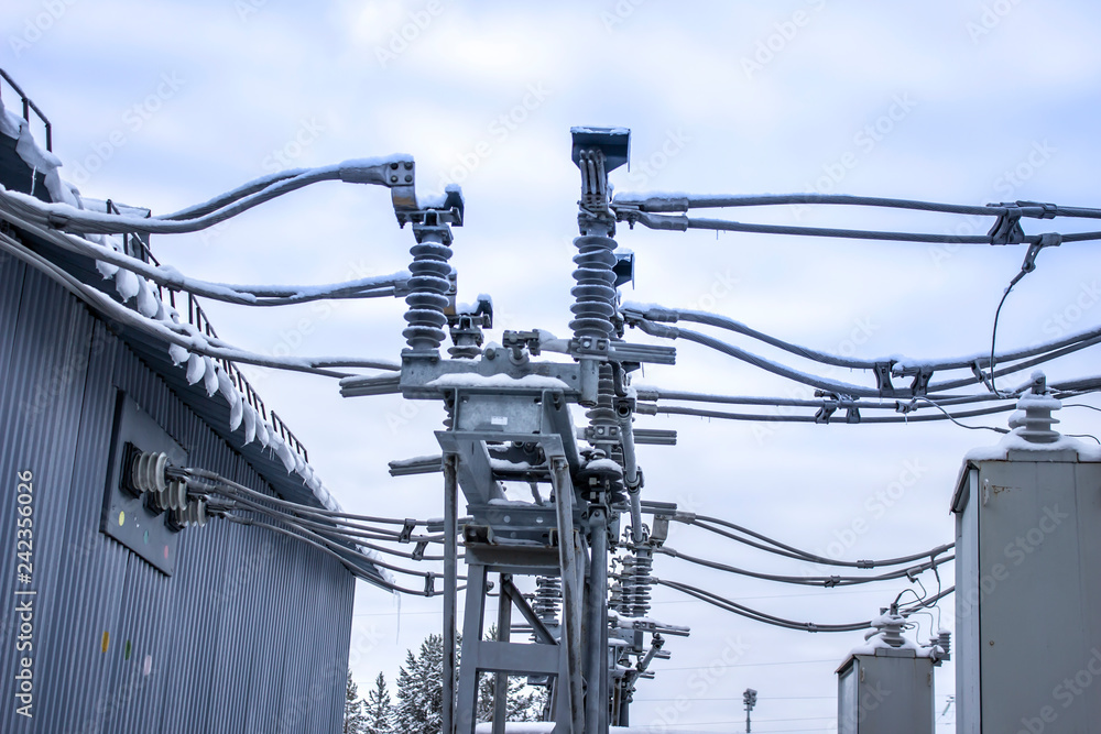High voltage disconnector in the substation, the view from the side ...