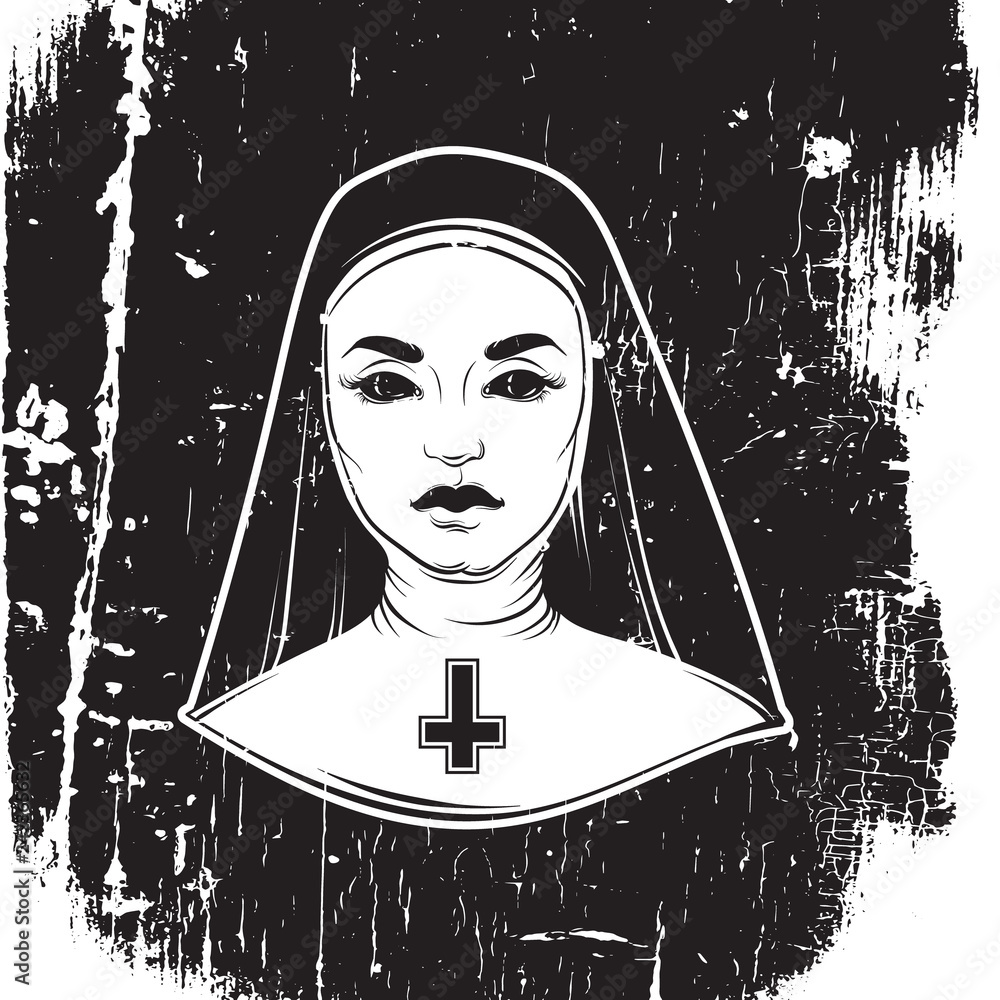 Vector illustration of nun with cross made in hand drawn horror line ...