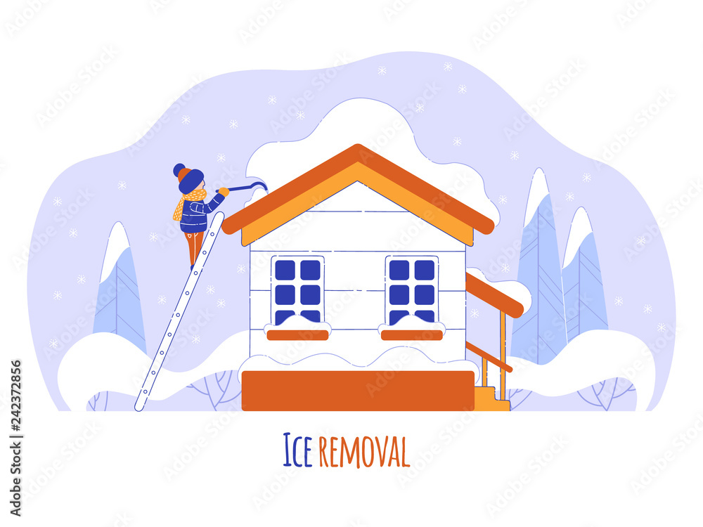 Young man cleans his roof from the snow and ice with a shovel on the ...