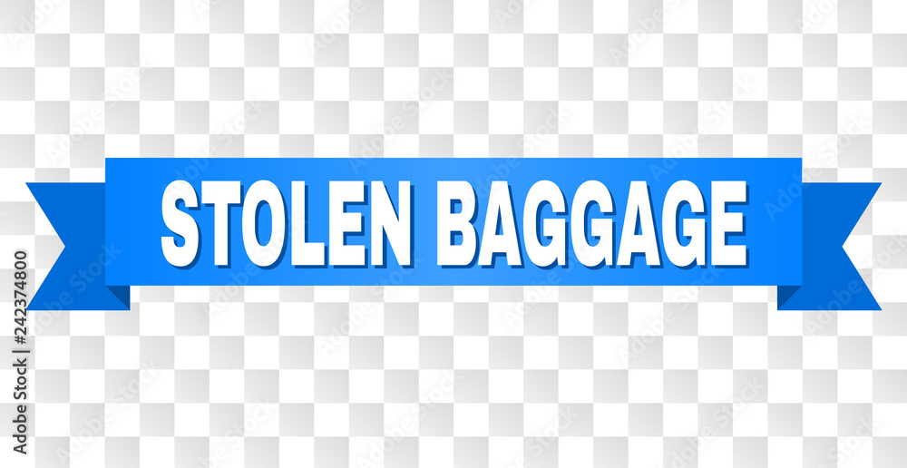 STOLEN BAGGAGE text on a ribbon. Designed with white title and blue ...
