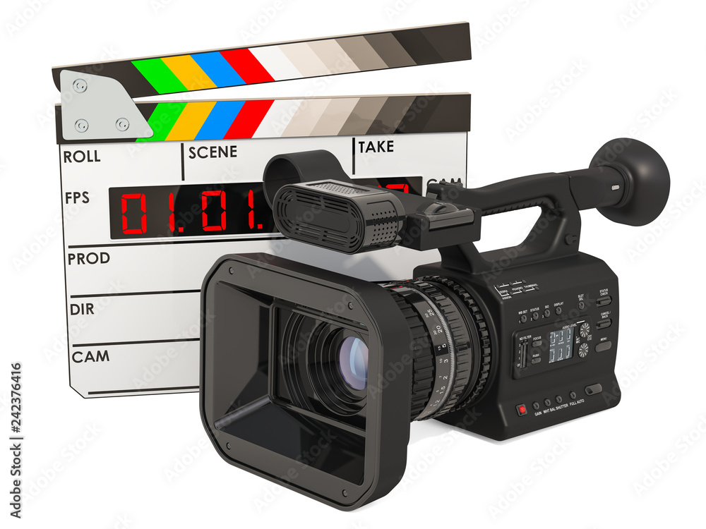 Cinema concept. Professional video camera with digital clapperboard, 3D ...