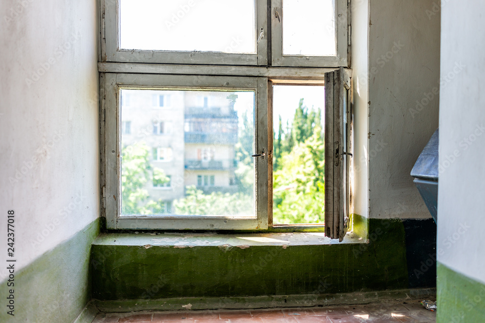Inside stairway corridor in old Soviet apartment building in Ukraine ...