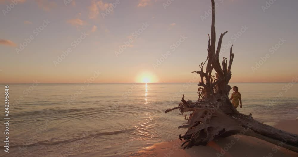 Romantic couple walking on beach at sunset holding hands at travel ...