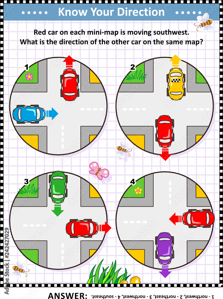 Map skills learning and training activity page or worksheet: Red car on ...