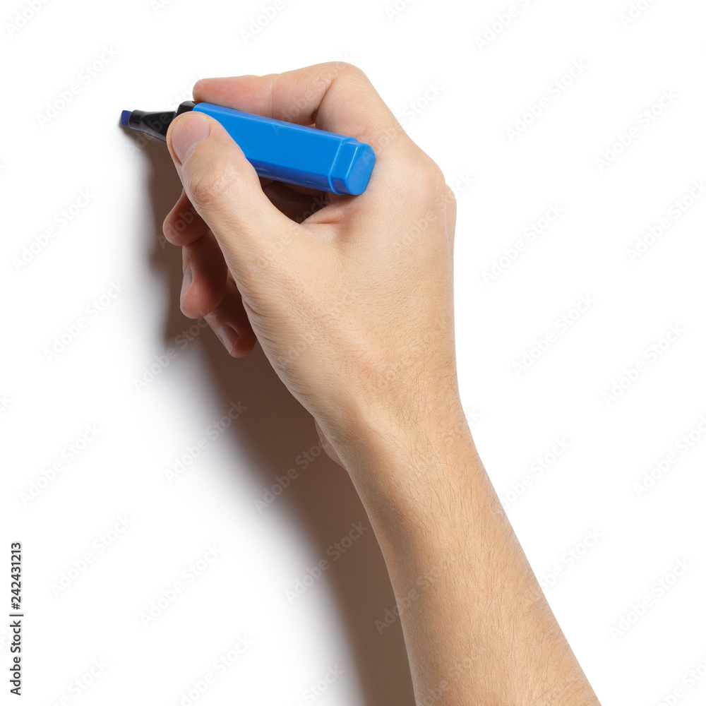 Hand holding blue marker, isolated on white background Stock Photo ...
