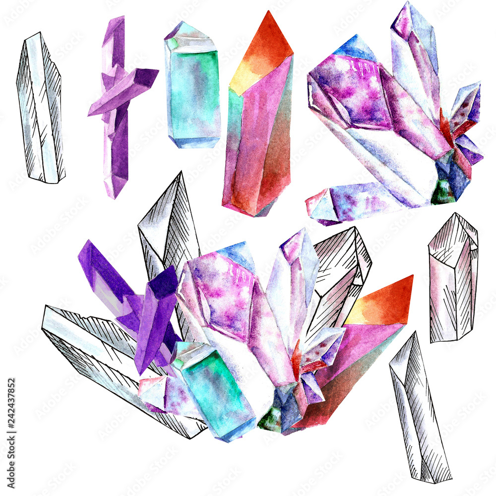 Watercolor set of crystals, ore, glass, bright isolated. hand-drawn ...