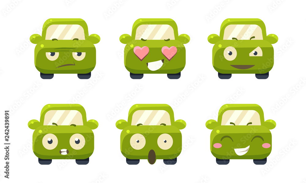 Car emoticons set, cute green car cartoon characters showing different ...