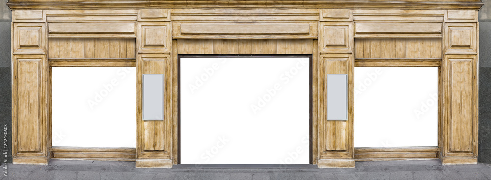 Outdoor mockup,store template,front view wooden shop facade with ...
