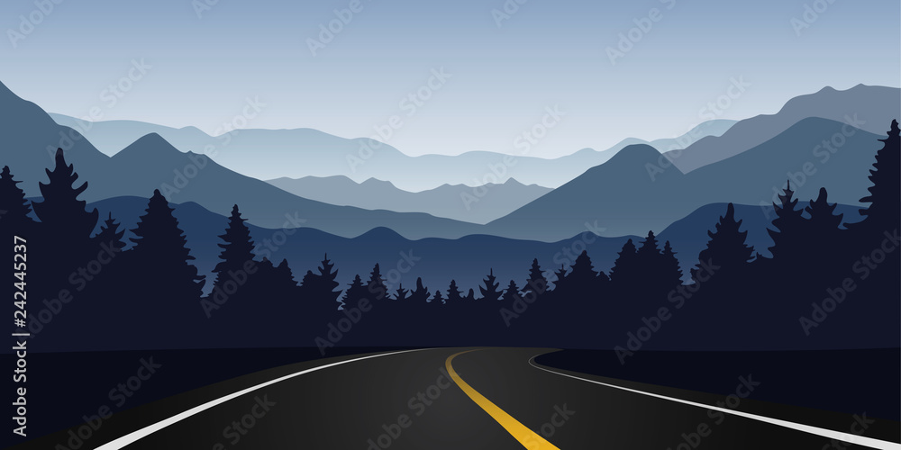 road curve in forest and mountain landscape at dawn vector illustration ...