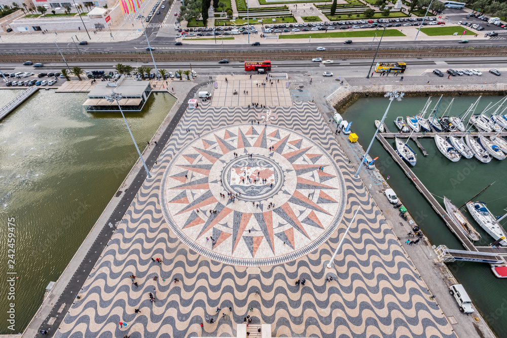 Overview of the square of the monument to the discoveries in Lisbon ...