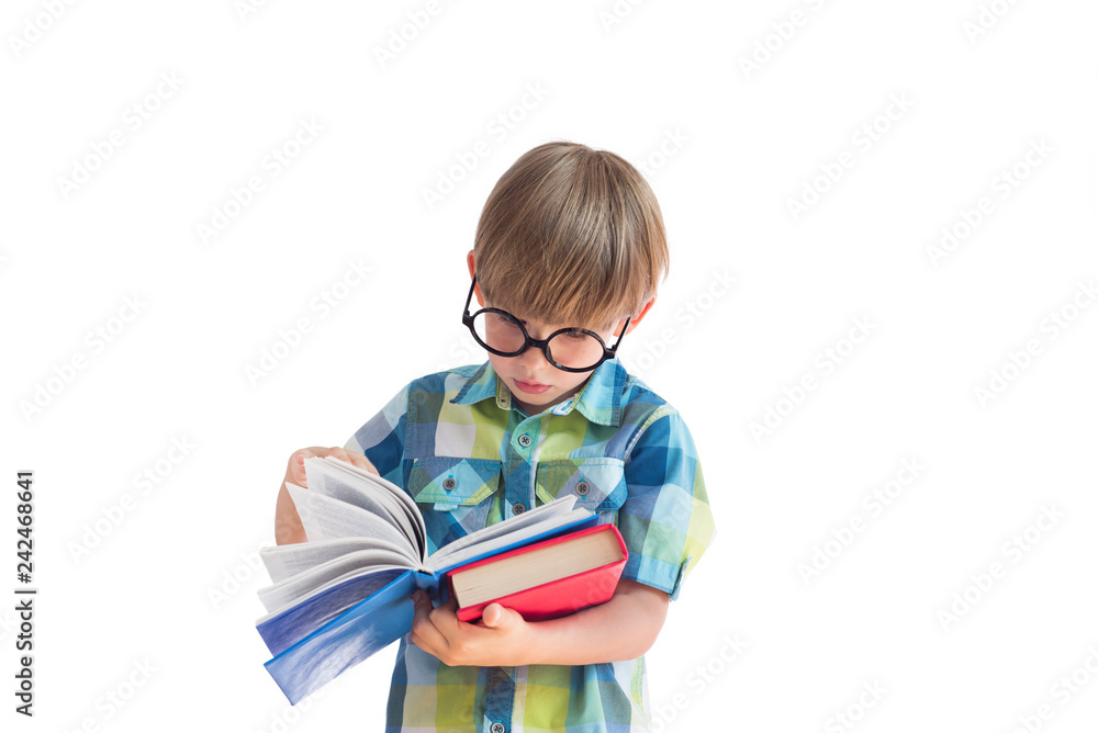 Cute boy reading book isolated on white. boy holding book and reading ...
