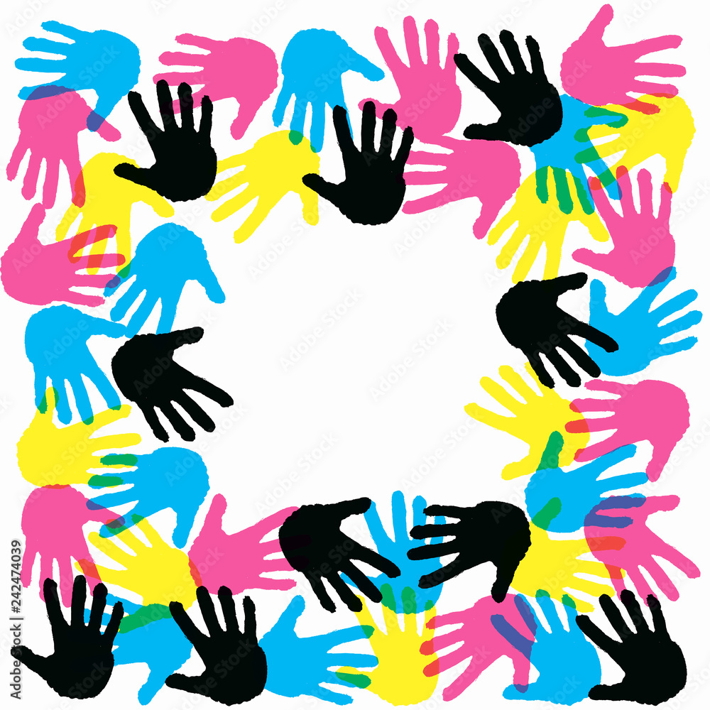 Vector friendship background, hand prints, cmyk, frame Stock Vector ...