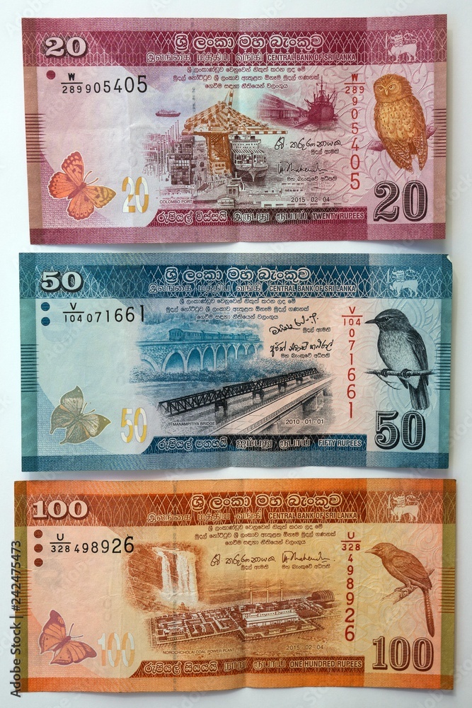 Bank notes, various banknotes, 20,50,100 Sri Lanka rupees, Sri Lanka ...