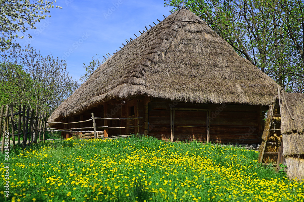 Peasants hut. Country house on spring landscape. Old village cottage ...