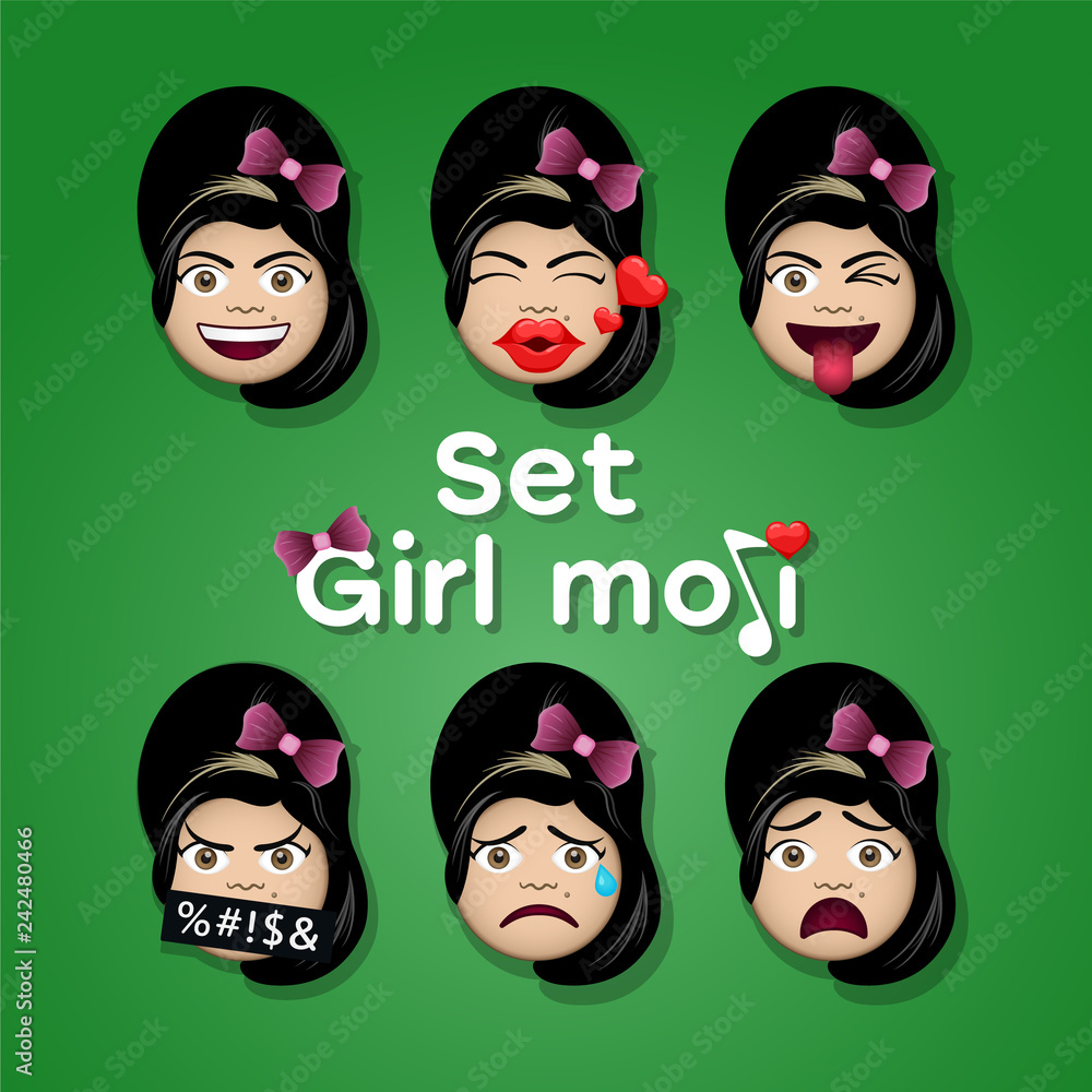 Set of girl emoticon. Set emoticon on green background. Stock Vector ...