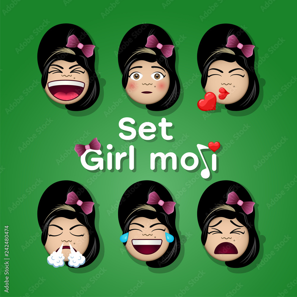 Set of girl emoticon. Set emoticon on green background. Stock Vector ...