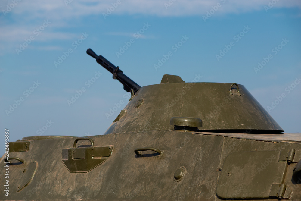 tower with a machine gun on an armored military machine Stock Photo ...