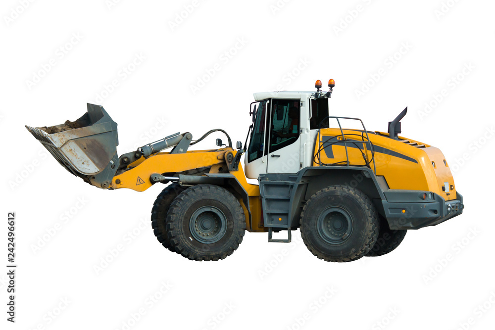 Wheel Loader Isolated on White Background. Yellow Tractor Front Loader ...
