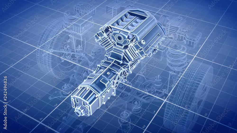 Working Car Internal Combustion Engine Scheme with chassis and wheels ...