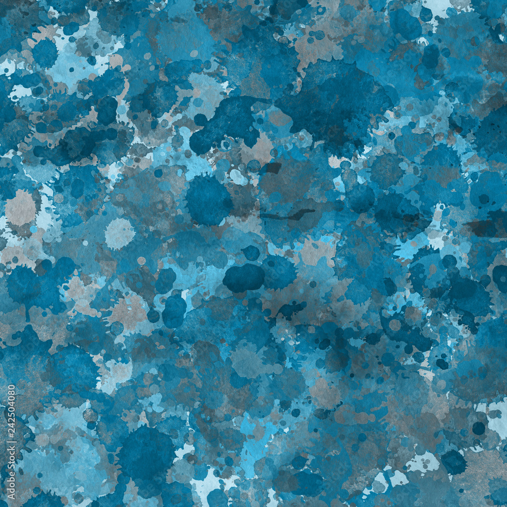 Blue paint splatter effect texture on white paper background. Artistic ...