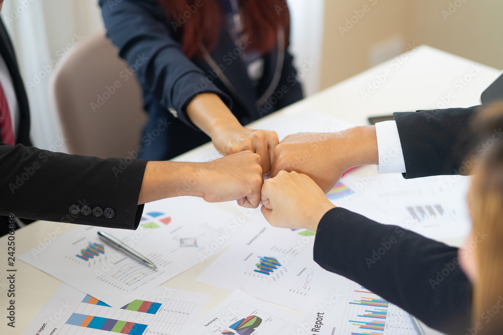 business people group partnership joining hands up and representing ...