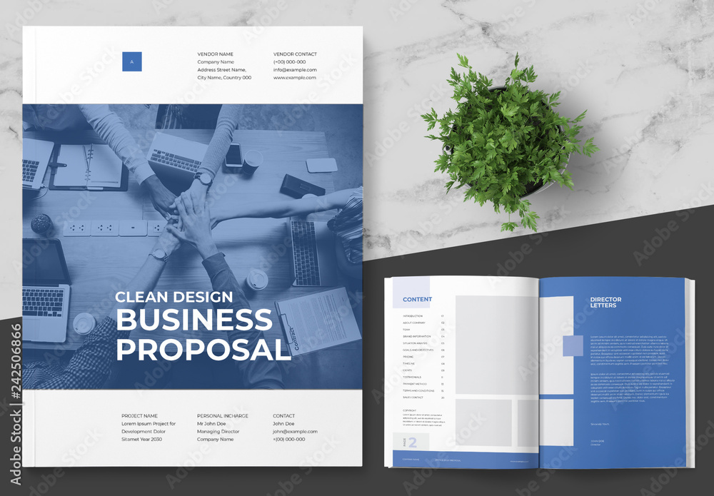Business Proposal Layout with Blue Accents Stock Template | Adobe Stock