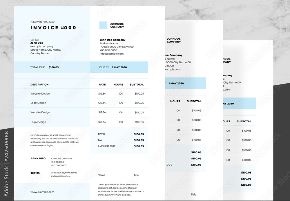 Business Invoice Layout with Sky Blue and Black Accents Stock-skabelon ...