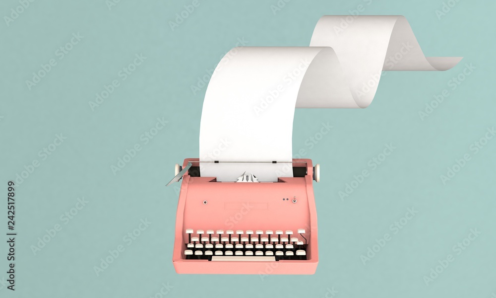 3D render illustration of vintage pink typewriter with long paper Stock ...