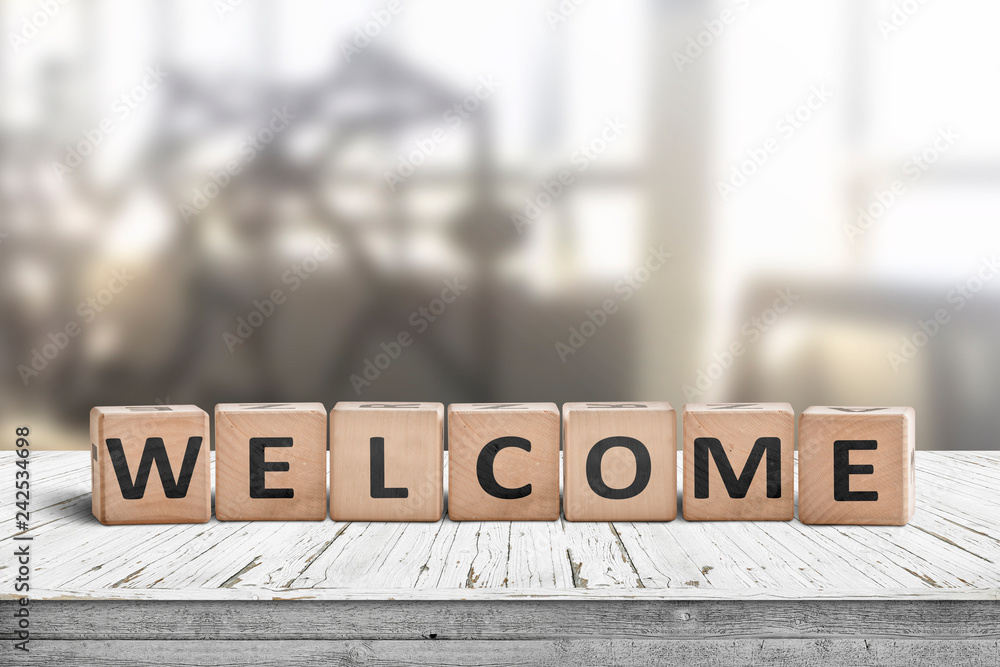 Welcome sign on a table in a lobby Stock Photo | Adobe Stock
