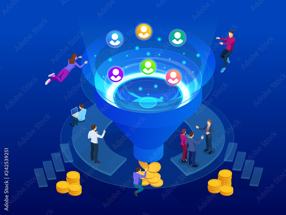 Isometric sales funnel elements. Business infographics template. Online ...