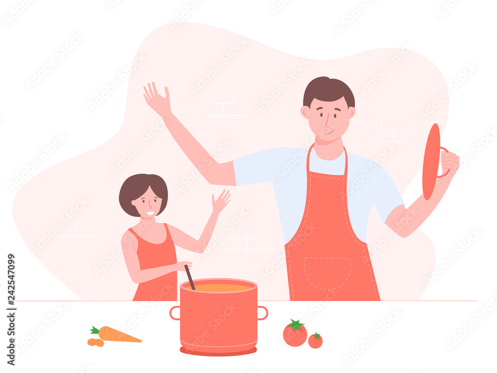 Dad and daughter cook together. Family in the kitchen spends time. Cook ...