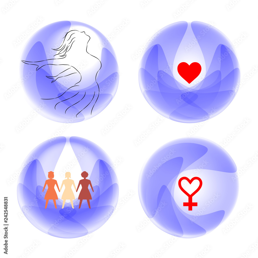 Symbols of femininity, love and unity are depicted against the backdrop ...