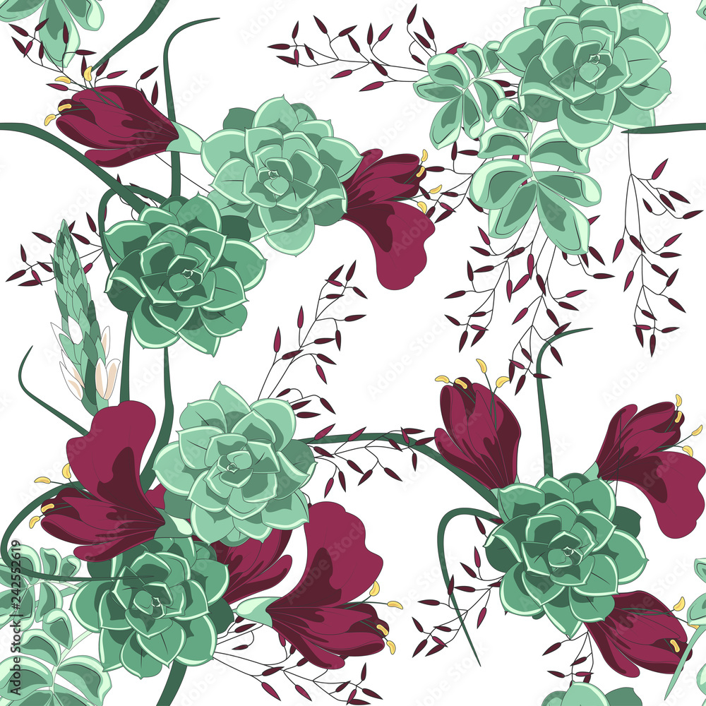 Seamless drawn flower pattern. Wild realistic floral print, hand drawn ...