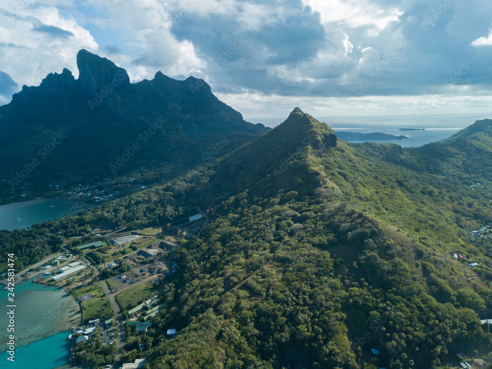 Aerial image from a drone of blue lagoon and Otemanu mountain at Bora ...