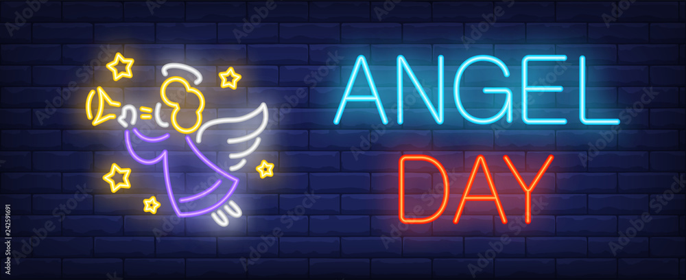 Angel day neon text with kid flying and blowing trumpet. Angel day ...