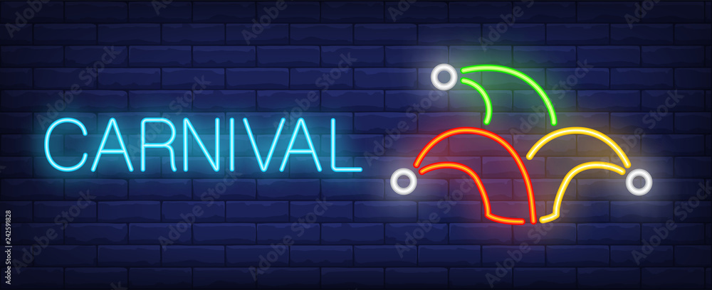 Carnival neon text with jester hat. Carnival advertisement design ...